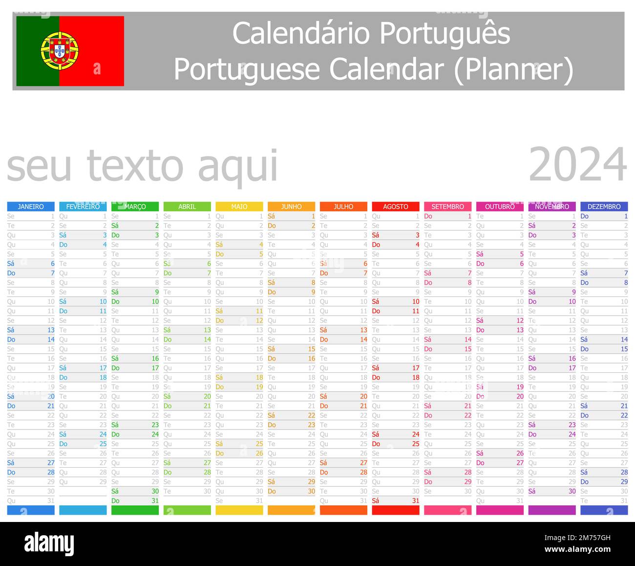 2024 Portuguese Planner Calendar Vertical Months on white background ...