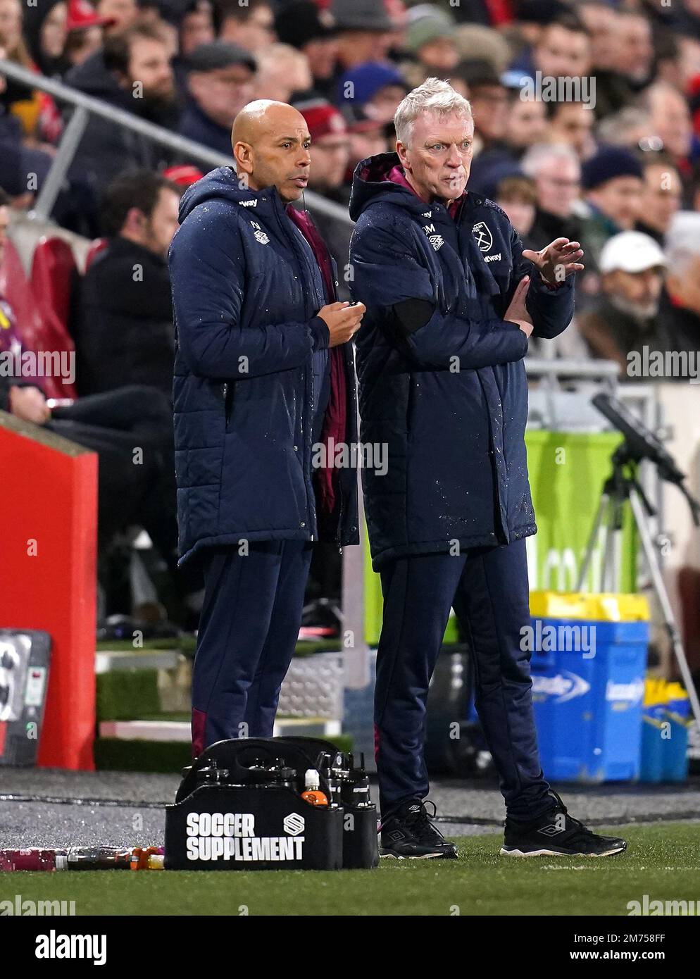 West Ham United manager David Moyes (right) and first team coach Paul ...