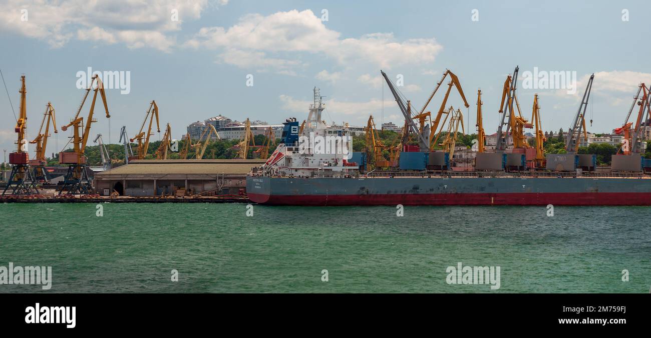 Odesa, Ukraine. July 22, 2021. Panorama of the Black Sea port in summer ...