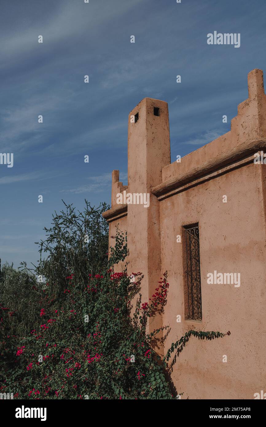 Roof top terrace in building in Marrakech in Morocco. Portrait ...