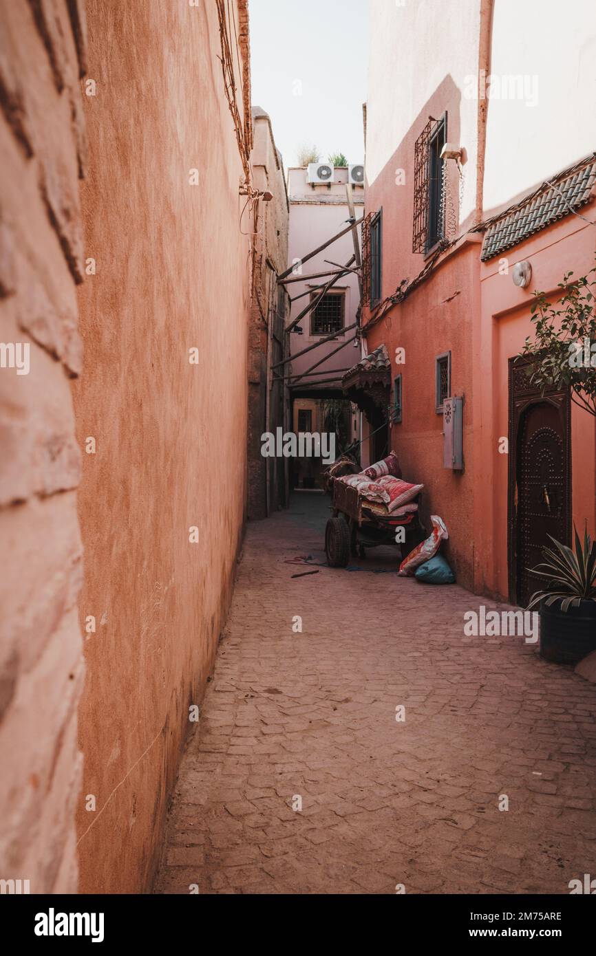 Narrow back streets of Marraekch in Morocco. Portrait orientation ...