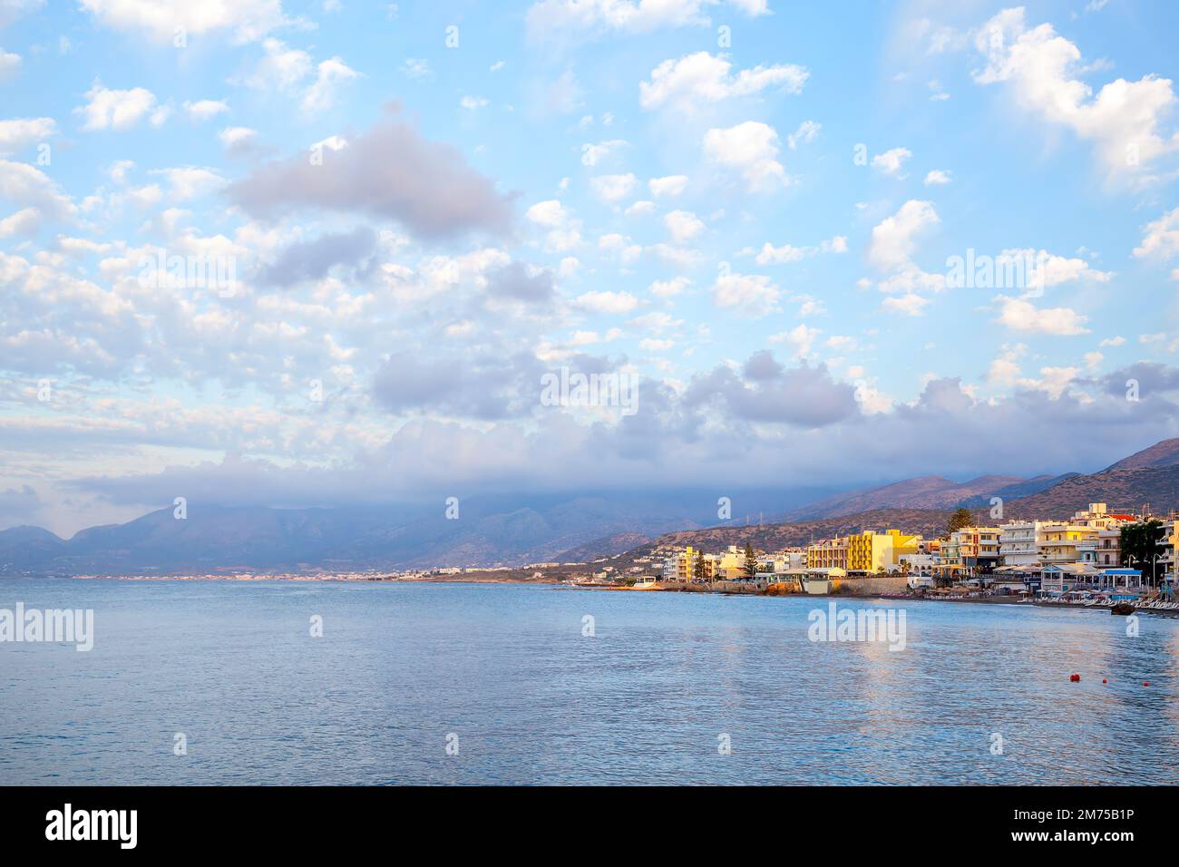 Landscape with small resort town by the sea, Limenas Chersonisou, Crete ...