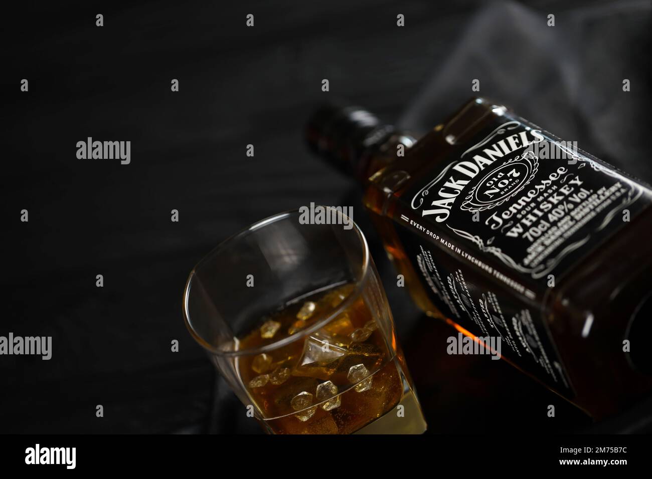 KYIV, UKRAINE - MAY 4, 2022 Jack Daniels original alcohol bottle on ...