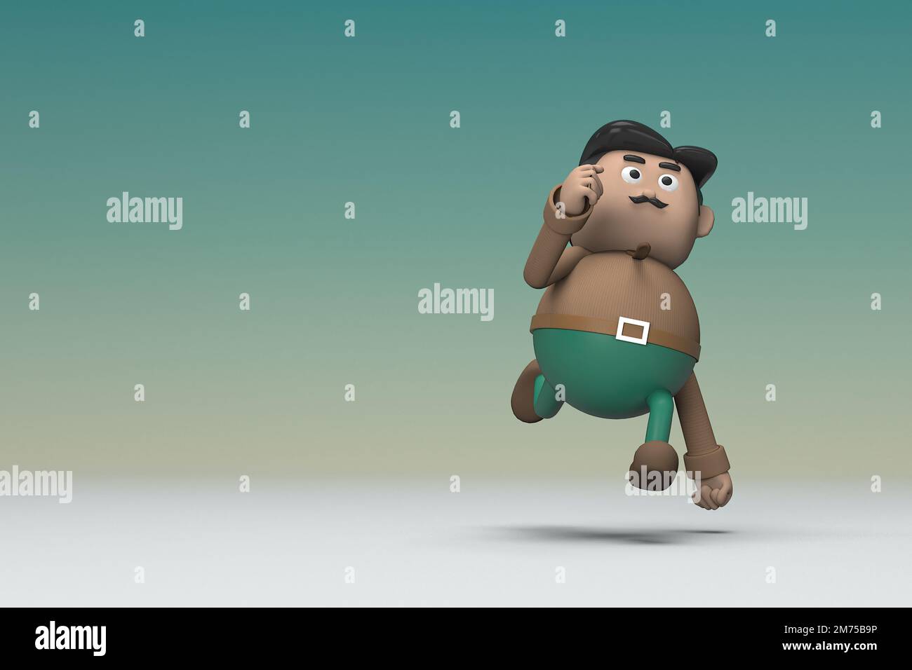 The man with mustache wearing a brown long shirt green pants. He is ...