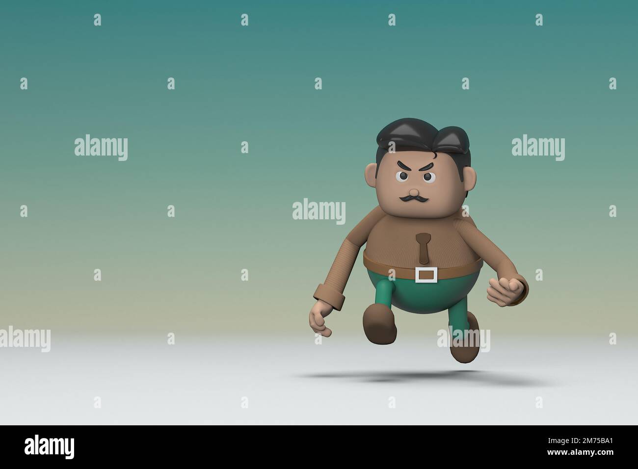 The man with mustache wearing a brown long shirt green pants. He is ...