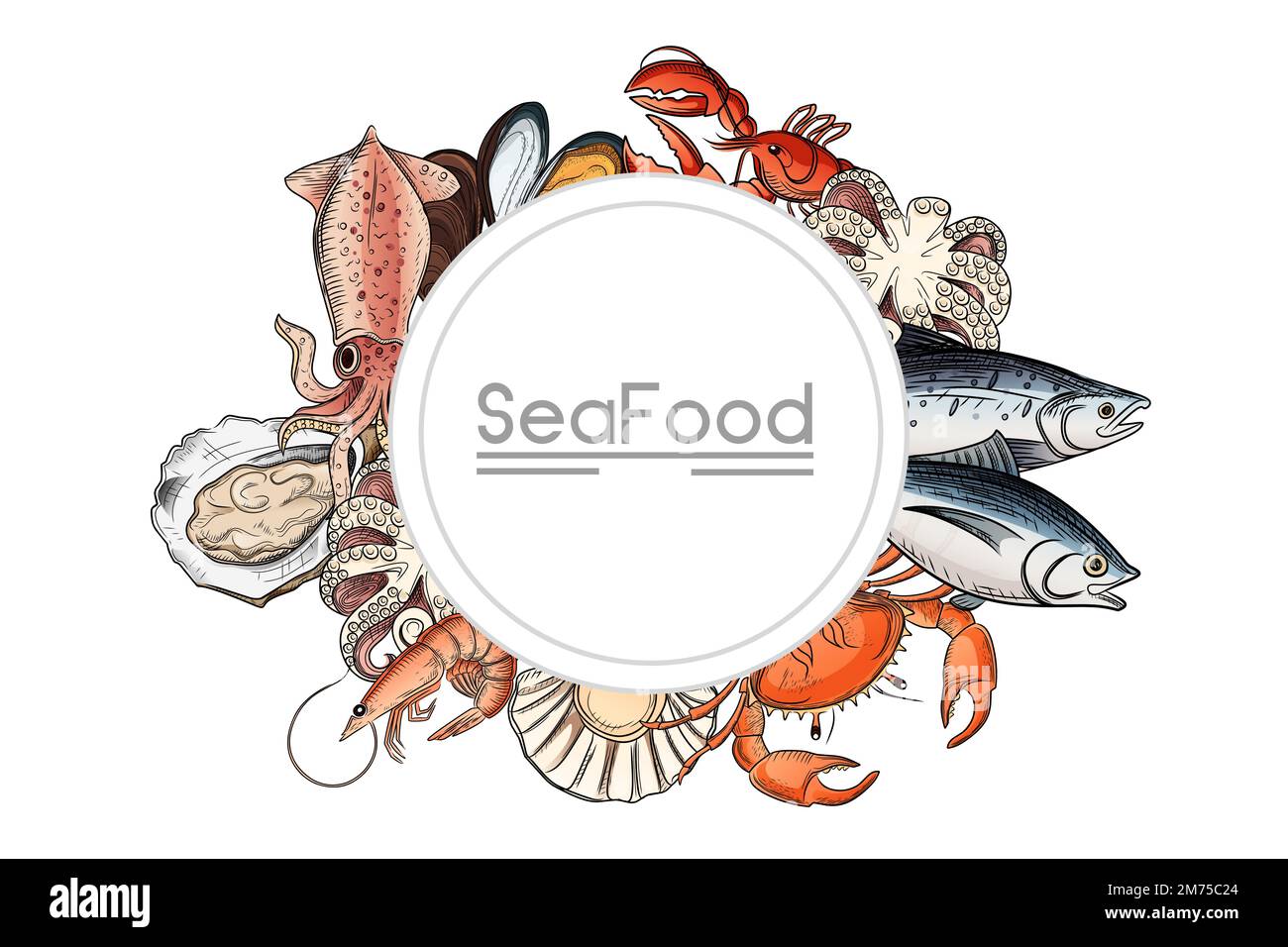 Illustration of seafood circle pattern with different type of delicacy ...
