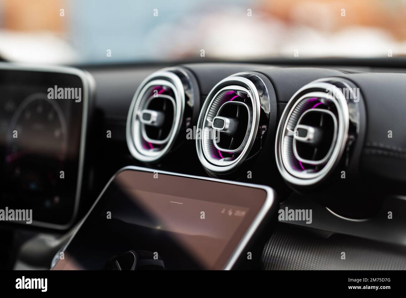 Car air conditioning close up view. The air conditioner flow inside the ...