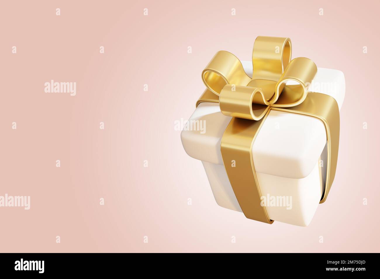 White gift box with a golden bow ribbon on a beige pastel background ...