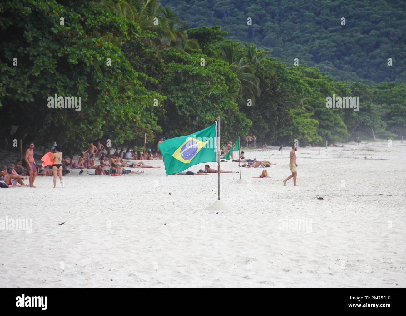 The flag of Brazil on the beach of Ilha Grande in Brazil Stock Photo ...