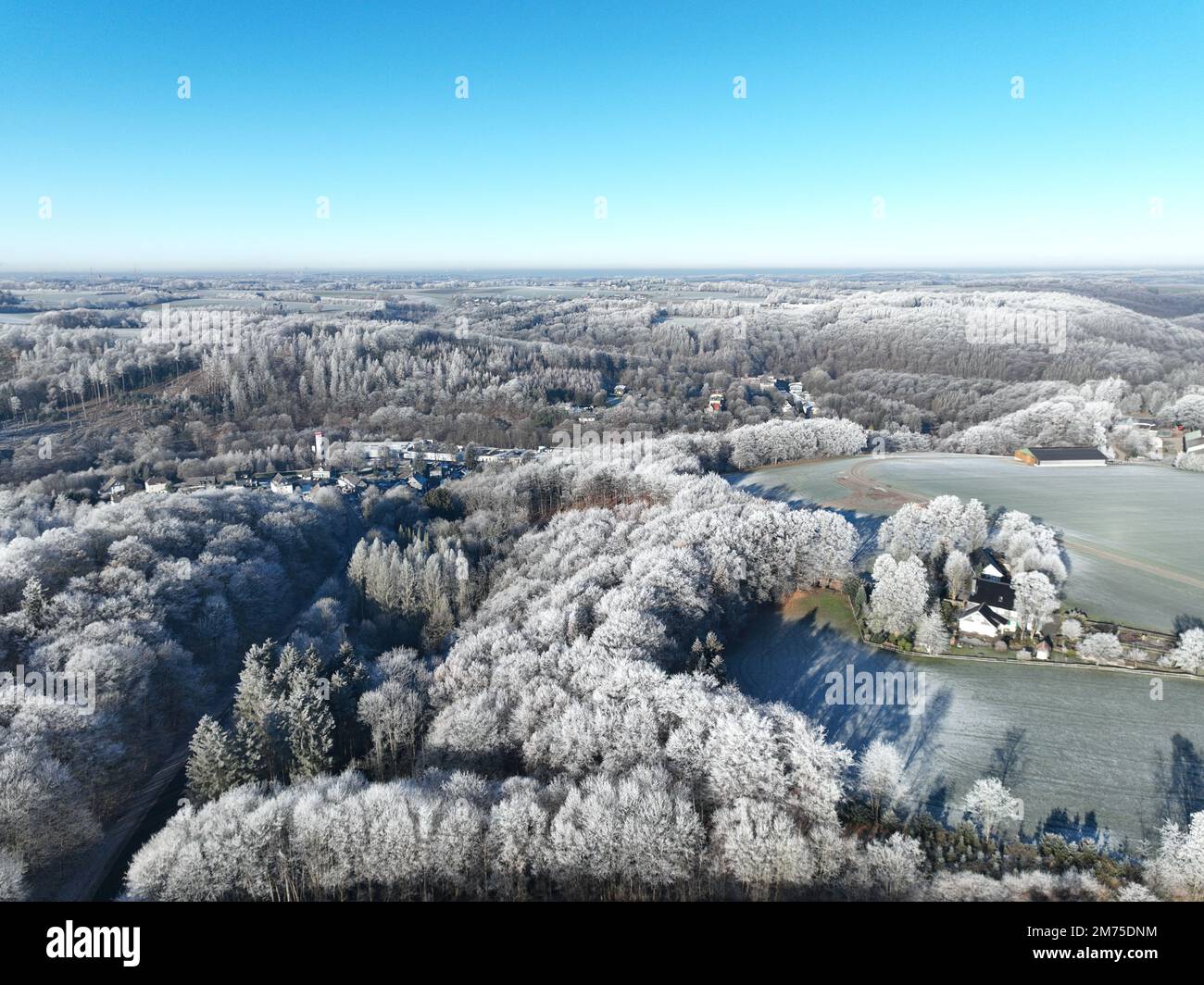 Aerial view of a winterly landscape in Radevormwald, Germanydefault ...