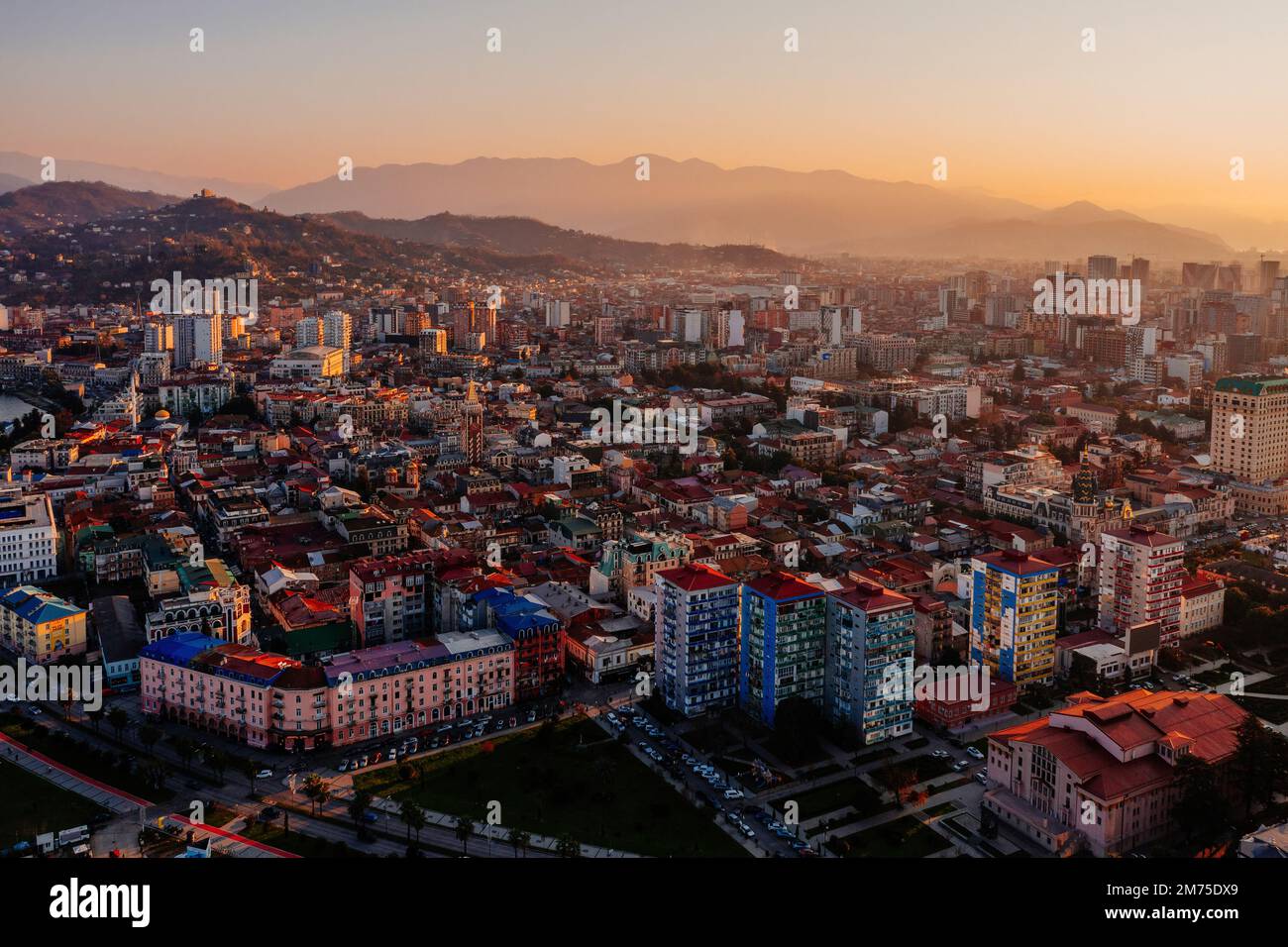 Evening sunset at Batumi City, Georgia, drone aerial view Stock Photo ...