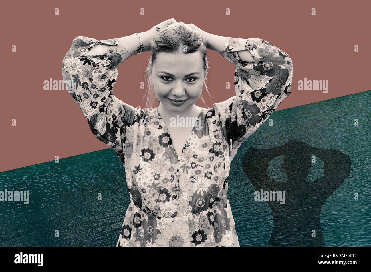 Surreal collage of a woman in summer dress against sea and colorful ...