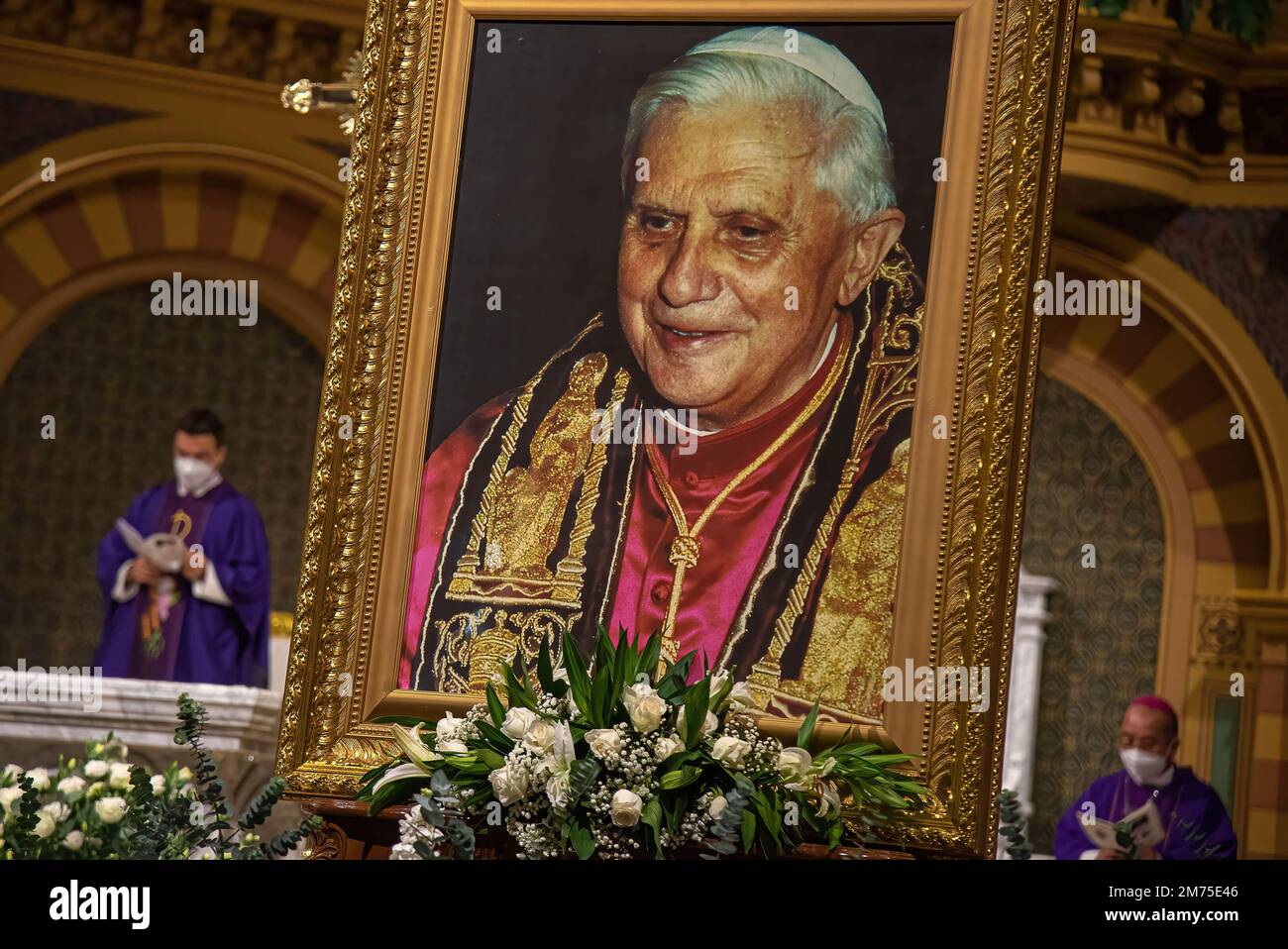 The photo of the late pope seen during the Tribute to The Death of the Pope Emeritus Benedict ...