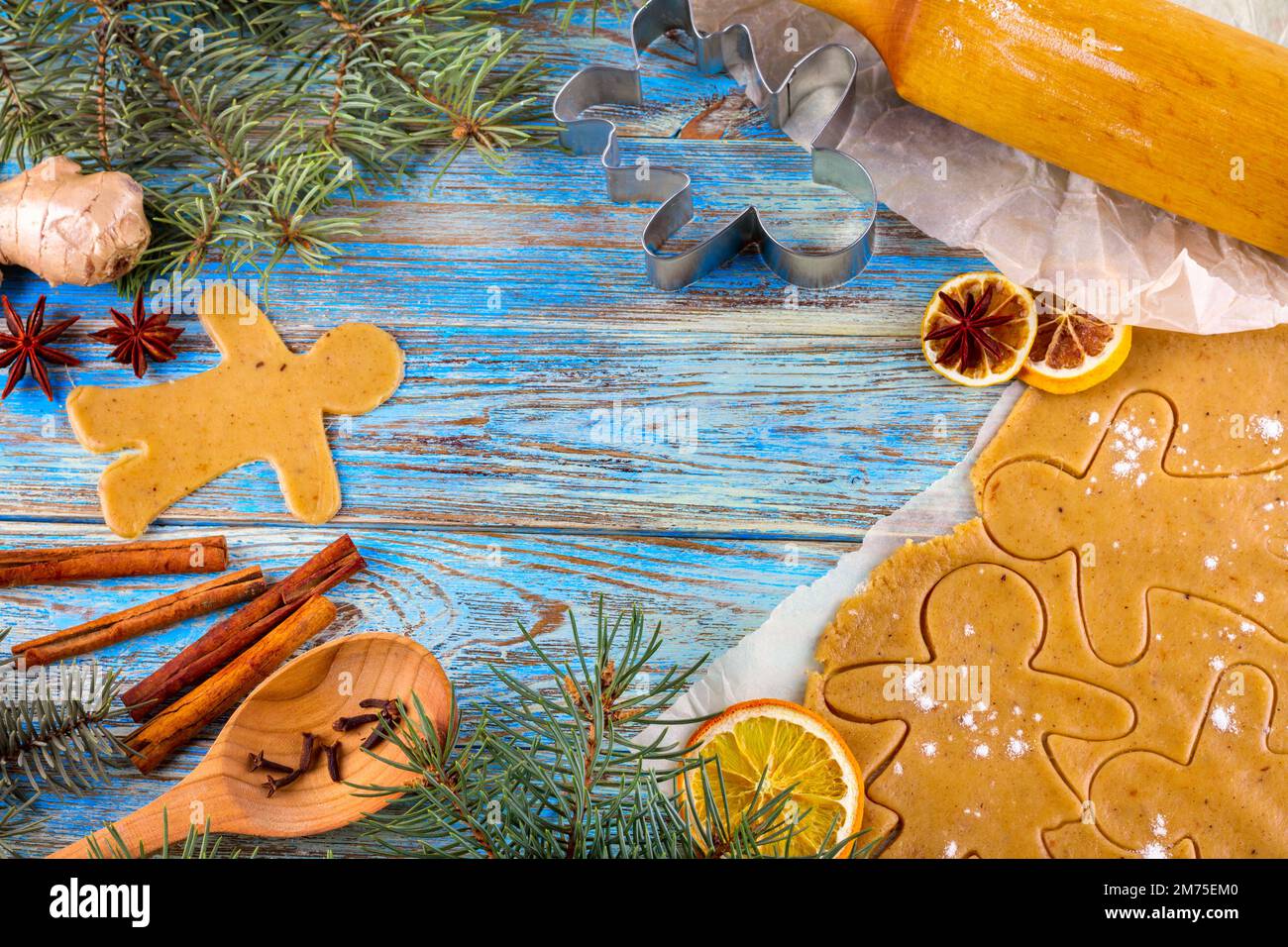 Christmas still life background with gingerbread cookies in decoration ...