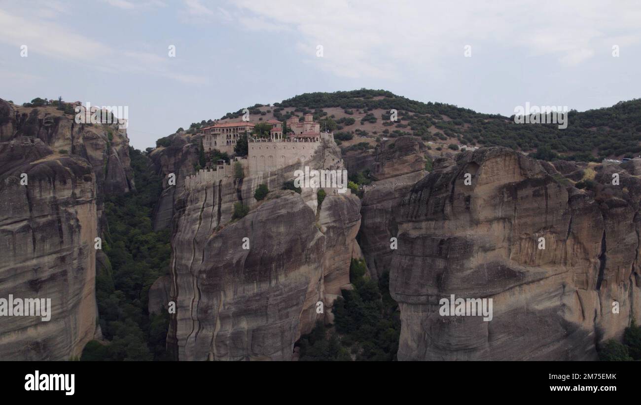 An aerial shot of the Monastery of Varlaam on the Meteora rock ...