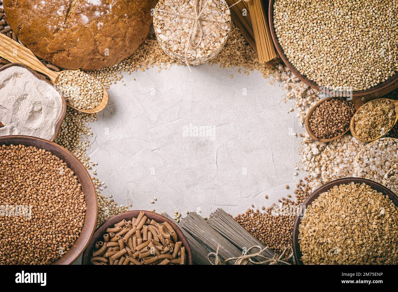 Rural still-life, top view - the peeled groats of buckwheat (Fagopyrum ...