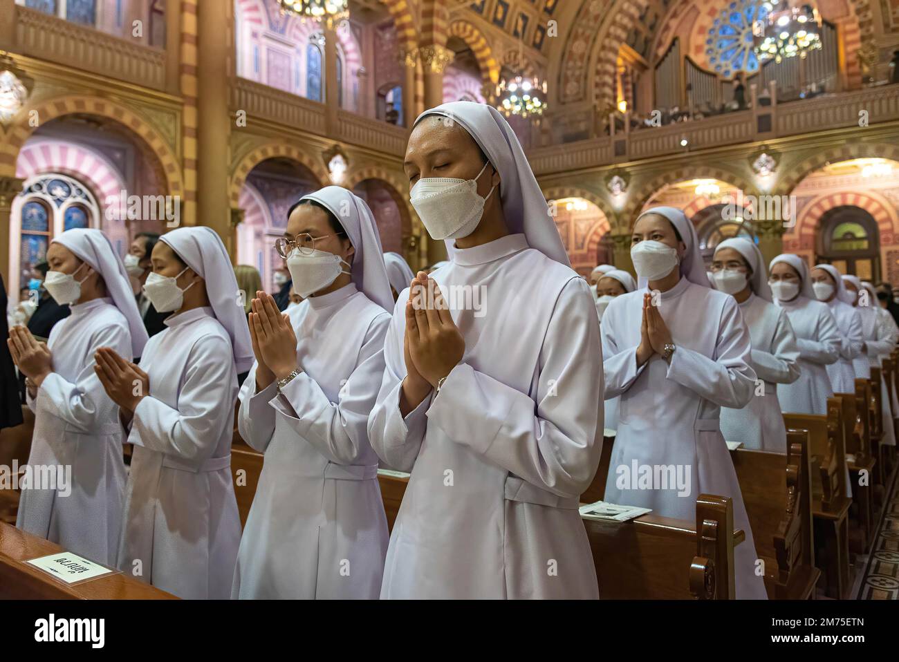 Bangkok, Thailand. 7th Jan, 2023. Thai Catholic nuns seen praying during the Tribute to The ...