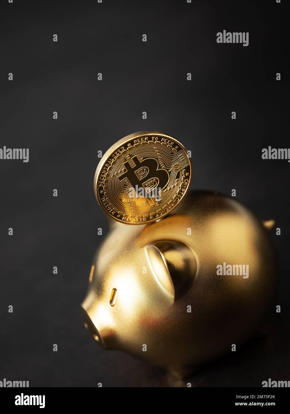 Gold piggy bank and bitcoin coin Stock Photo - Alamy