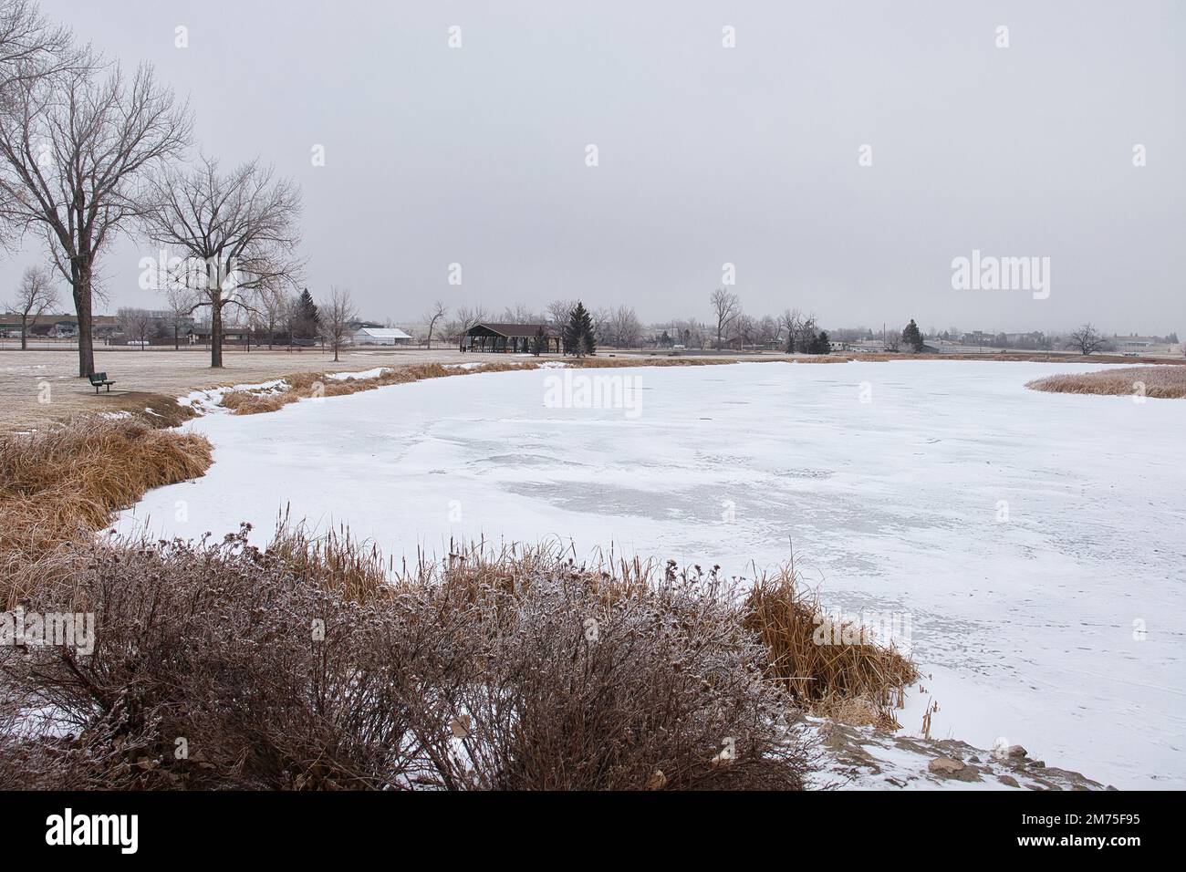 Frozen water at the fishing lake at Dalbey Memorial Park in Gillette ...