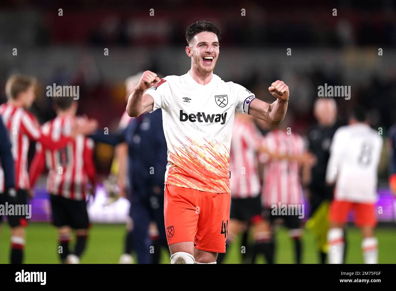 West Ham United's Declan Rice (centre) celebrates following victory in ...