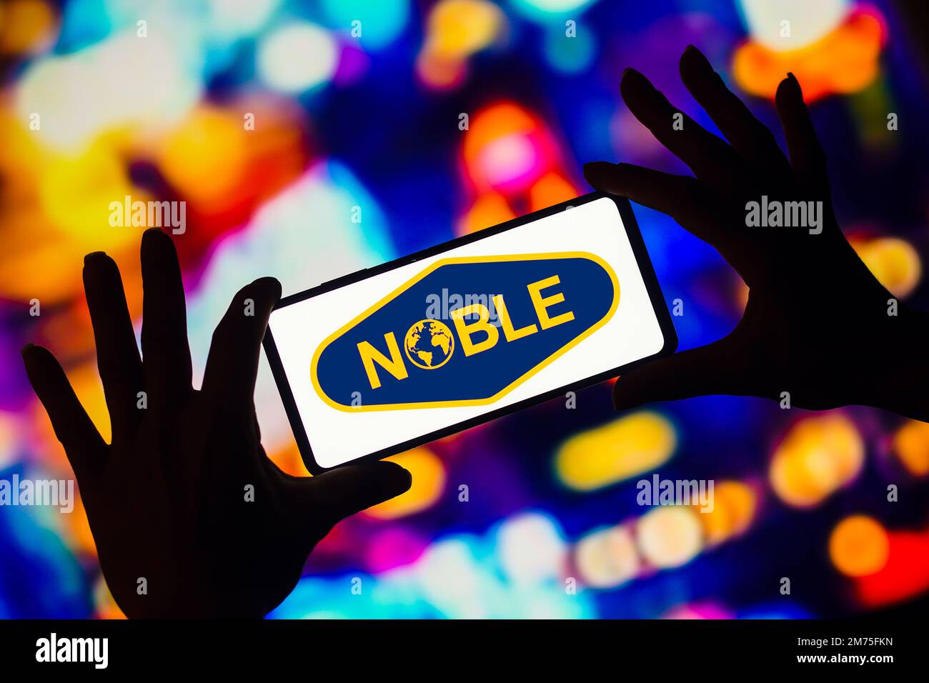 In this photo illustration, the Noble Corporation plc logo is displayed ...