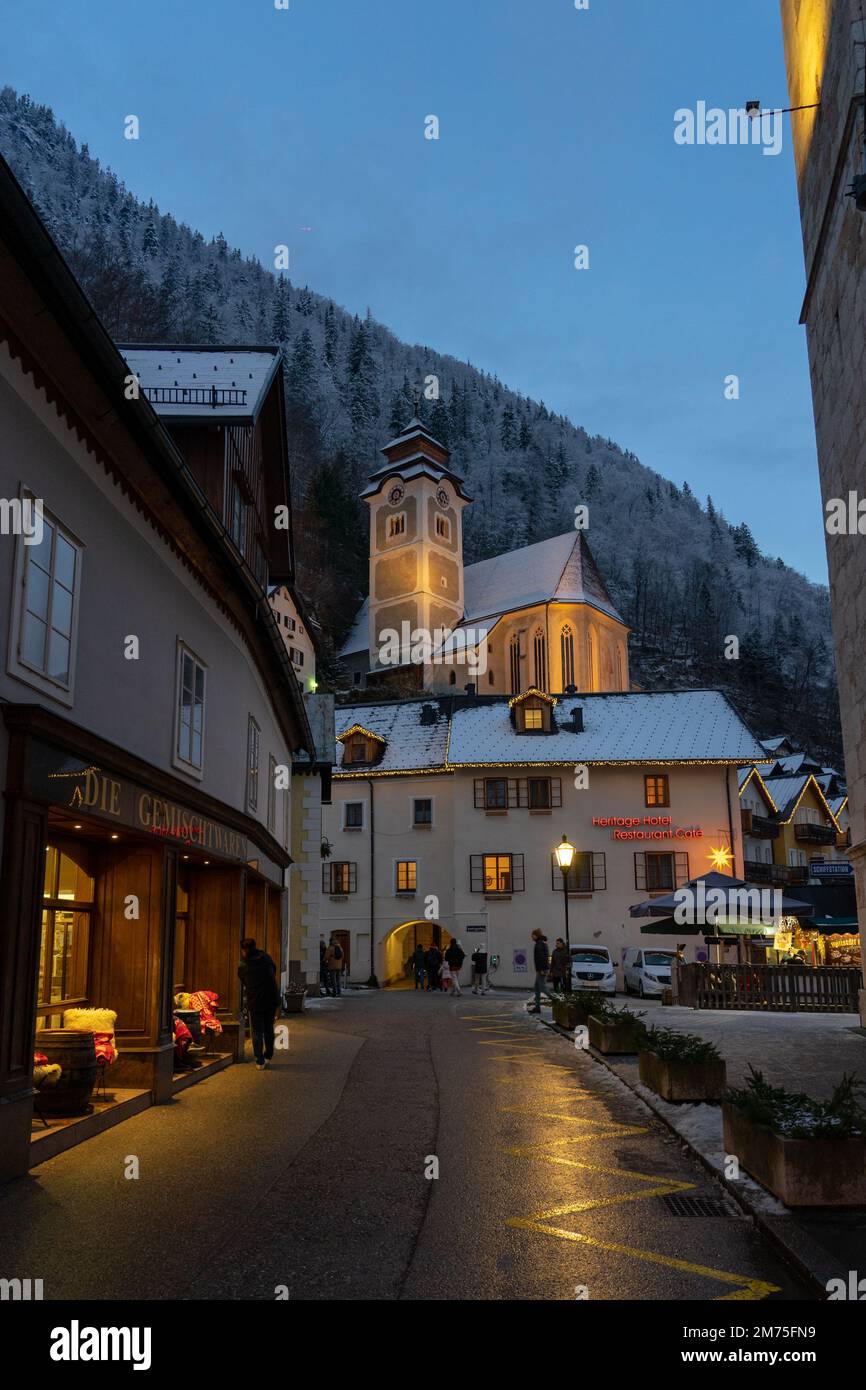 12.10.2022 - Hallstatt, Austria - Illuminated Christmas market on the ...