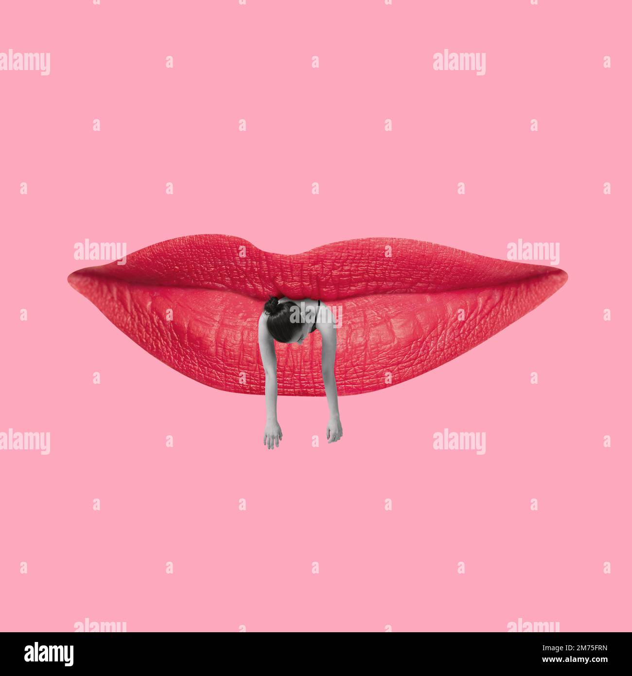 Contemporary art collage. Creative design. Young sleeping woman hanging ...