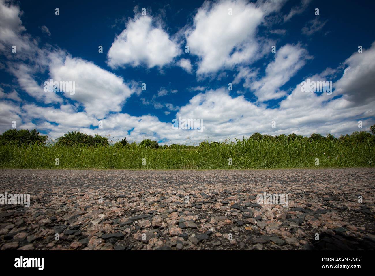 A scenic shot of a rocky road with pasture and beautiful cloudscape in ...