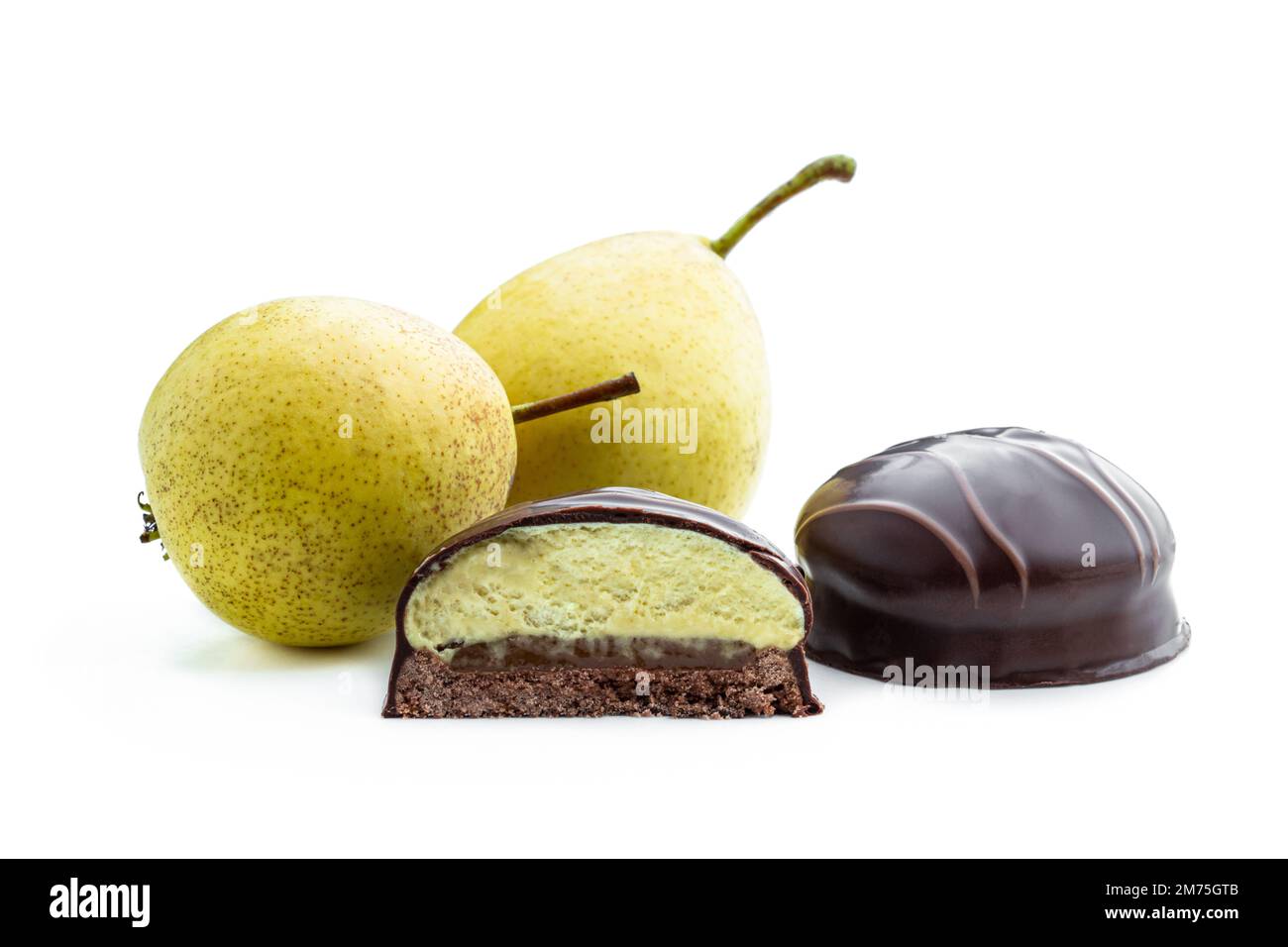 Chocolate covered cookie with pear souffle isolated on white Stock ...