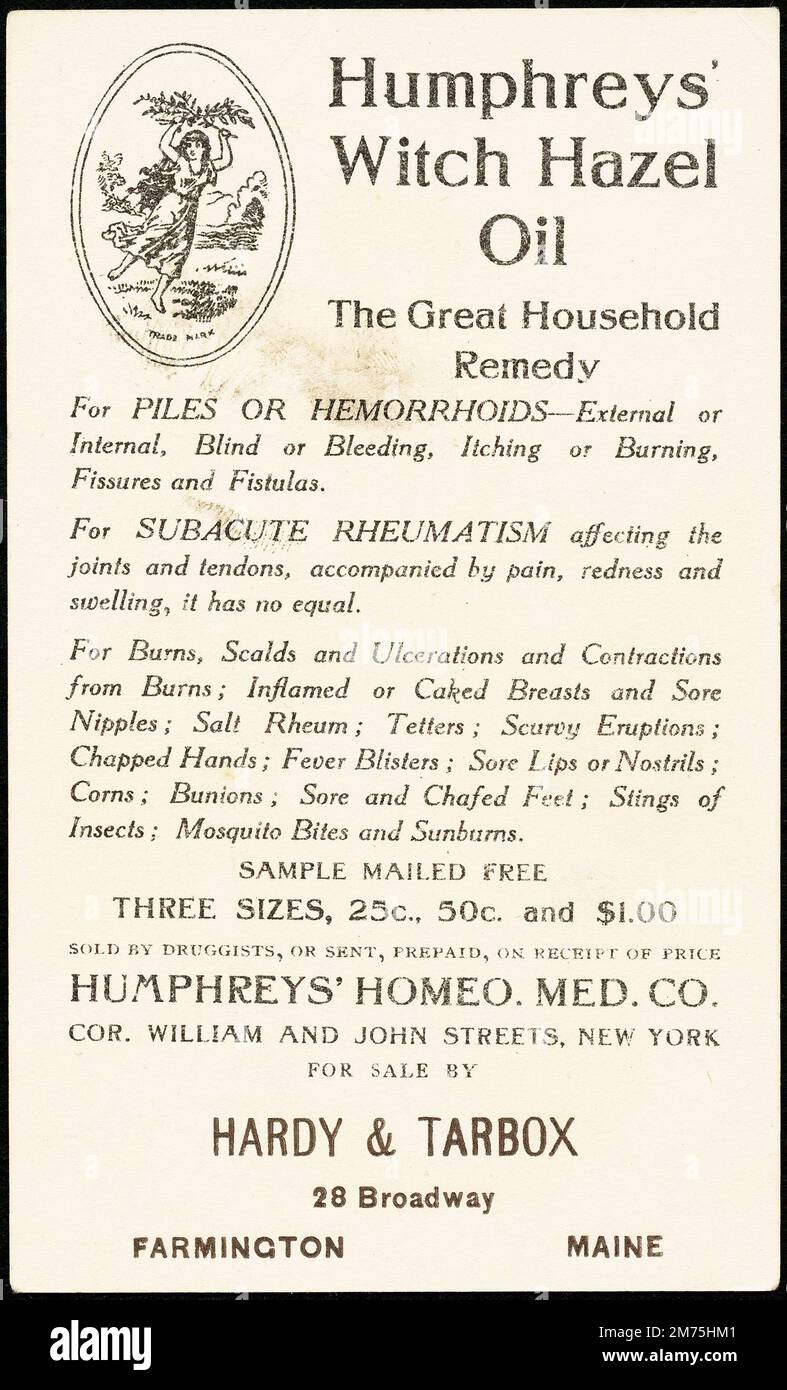 Advertisement for Humphrey's Witch Hazel Oil, circa 1900 Stock Photo ...