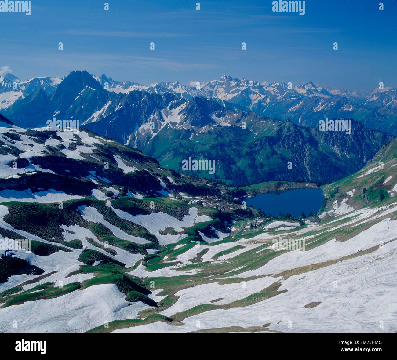 View from the foghorn on the lake Seealpsee Allgaeu and the Austrian ...