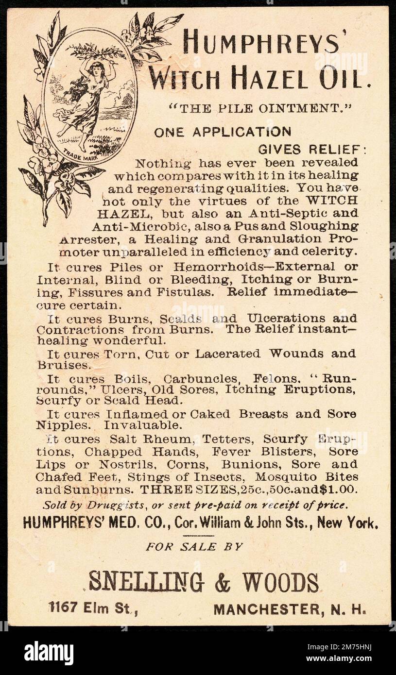 Advertisement for Humphrey's Witch Hazel Oil, circa 1900 Stock Photo ...
