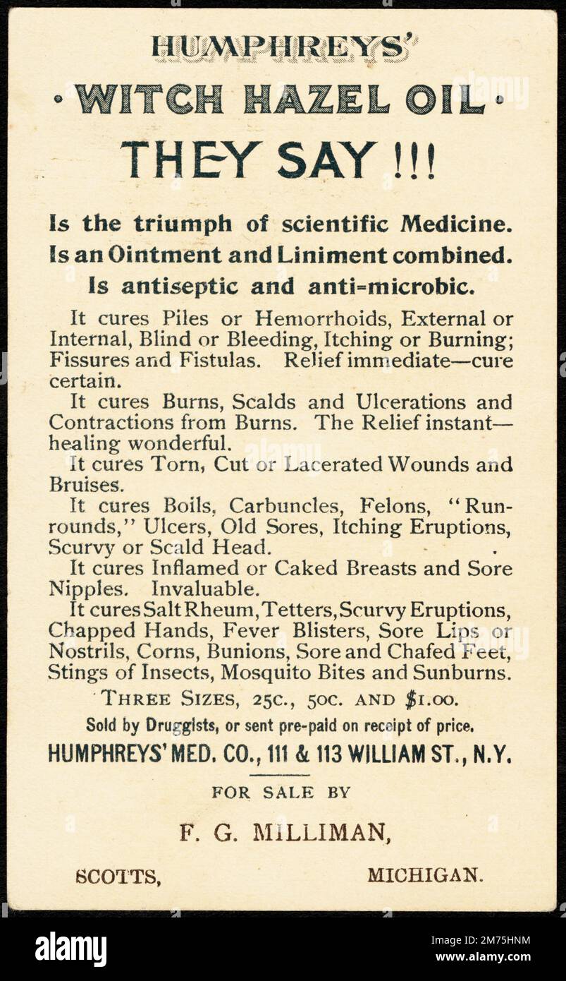 Advertisement for Humphrey's Witch Hazel Oil, circa 1900 Stock Photo ...