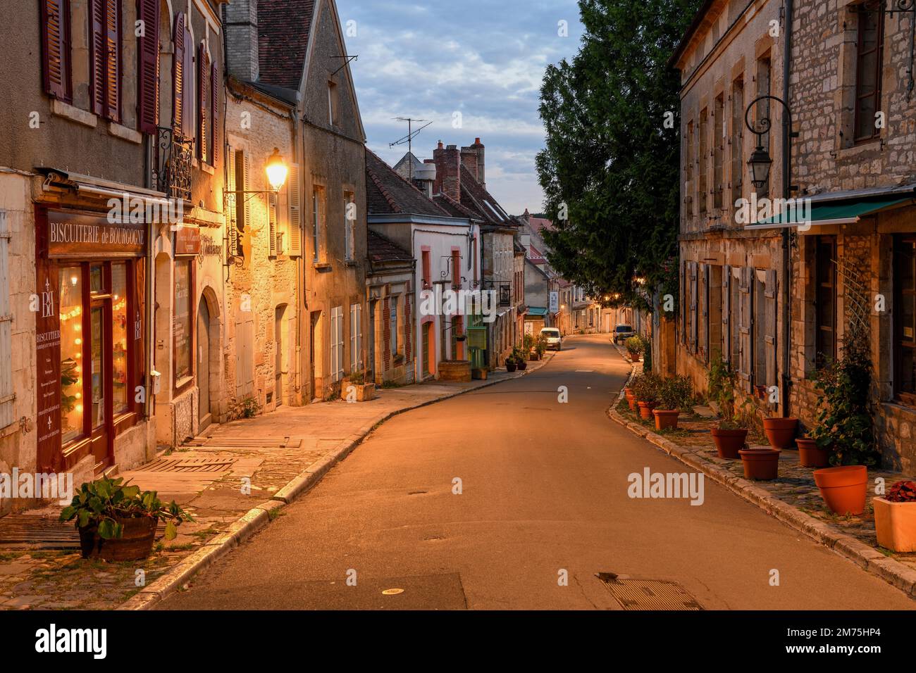 Old town alley, blue hour, Vezelay, Yonne department, Bourgogne-Franche ...
