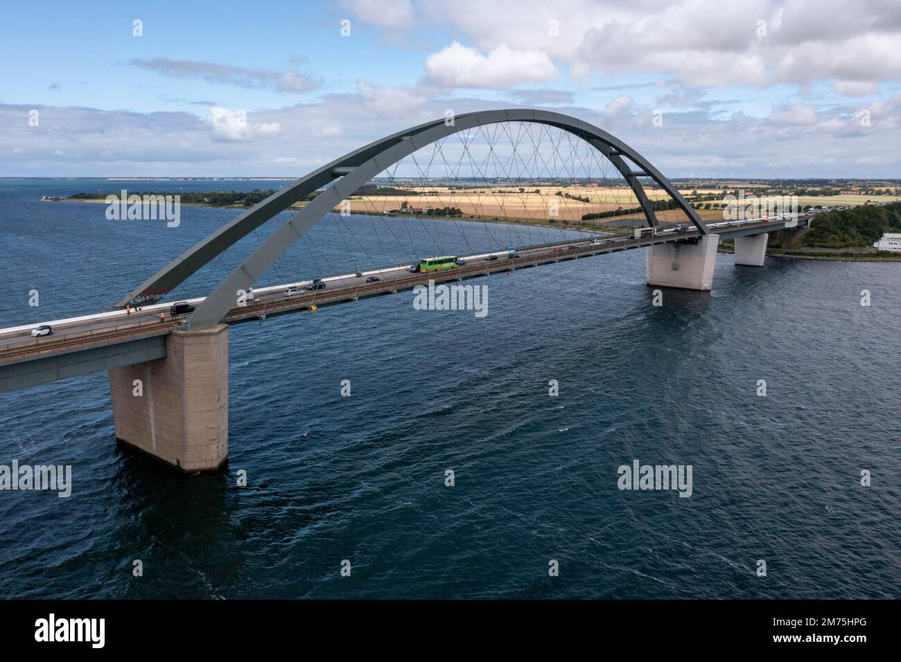 Drone photo, drone shot, Fehmarnsund bridge over the Baltic Sea, truck ...
