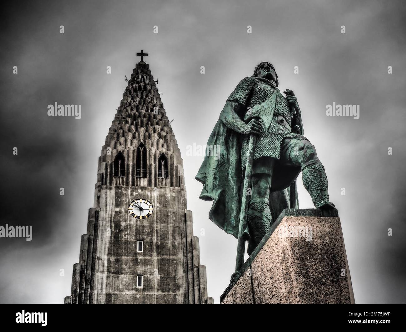 Statue of the first explorer of America Leifur Eiriksson in front of ...
