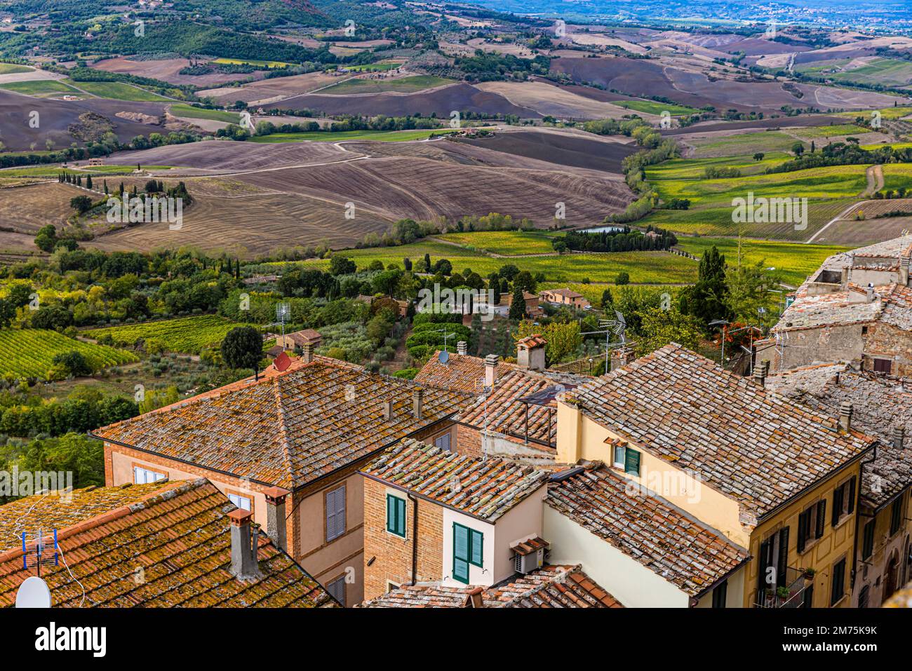 Hilly landscape in Tuscany, view from the upper city wall of ...