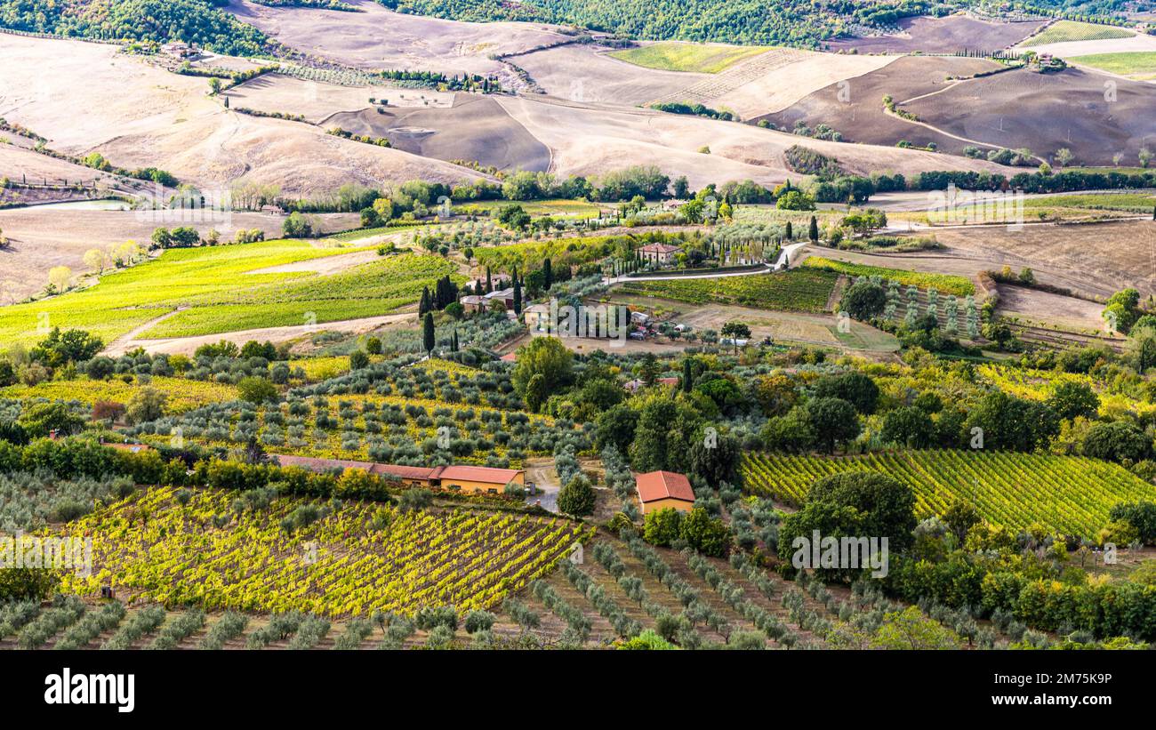Hilly landscape in Tuscany, view from the upper city wall of ...