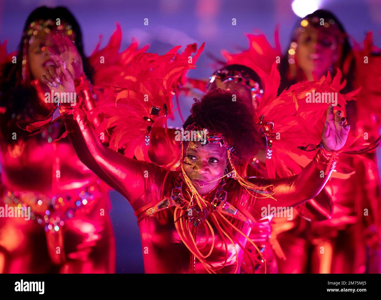 Carnival dancers performs on stage during The Awakening at Headingley ...