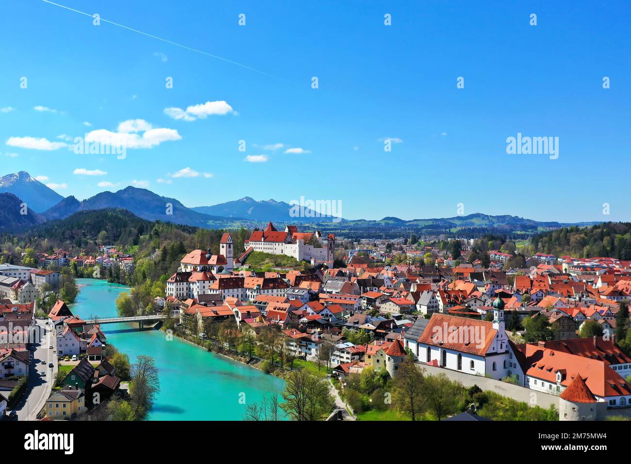 Aerial view of Fuessen with a view of the Lech river, the Benedictine ...