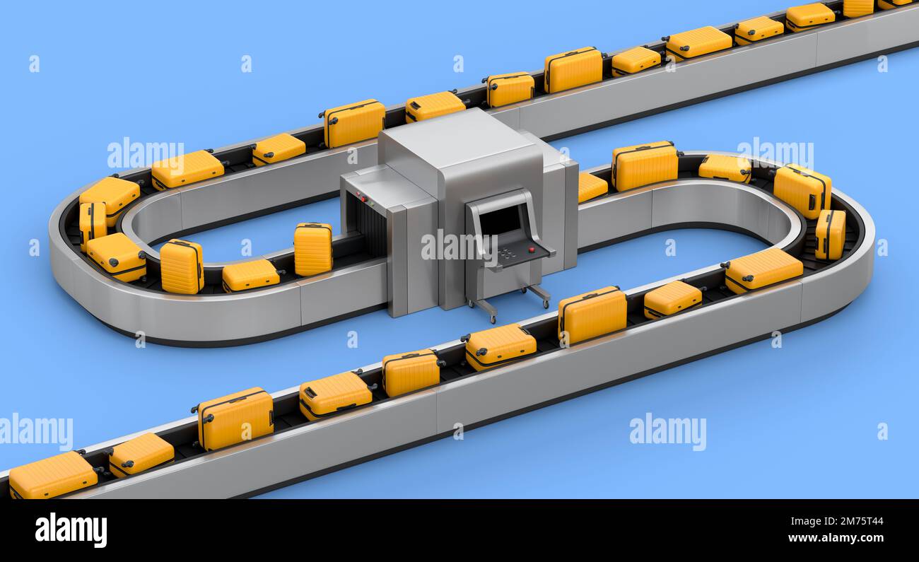Airport luggage conveyor belt or baggage claim area with security check ...