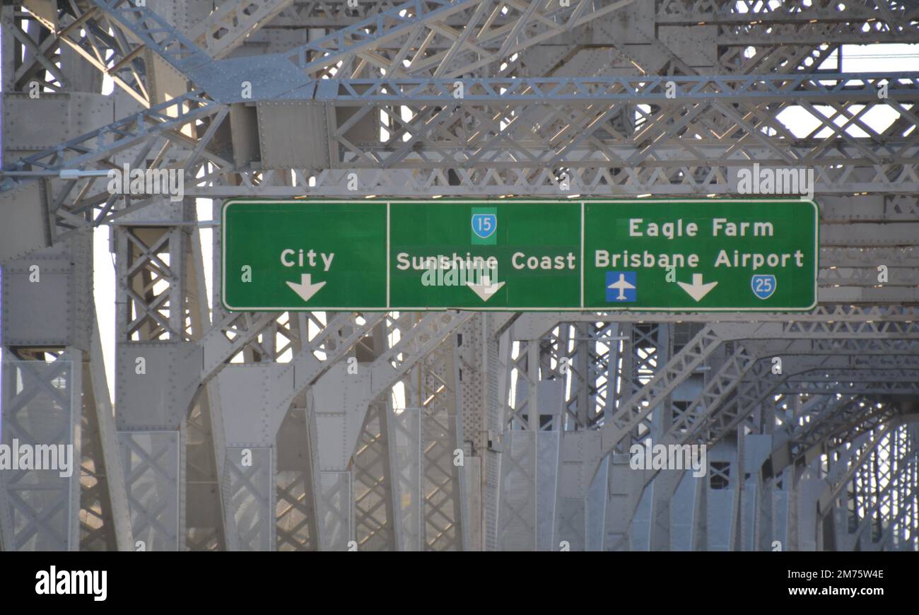 Overhead road sign on famous Storey Bridge across the Brisbane River ...