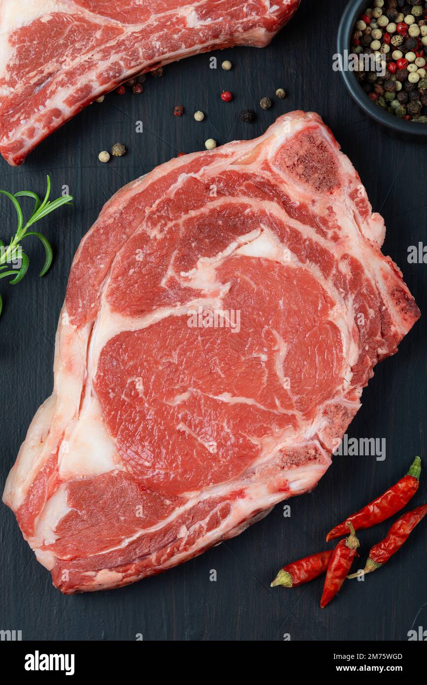 Raw meat beef steak. Black angus prime meat set - ribeye, striploin, t ...