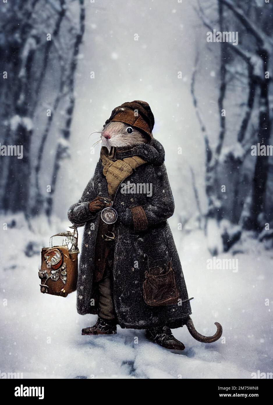 An Anthropomorphic mouse in a winter coat on a snow, cartoon or child's ...