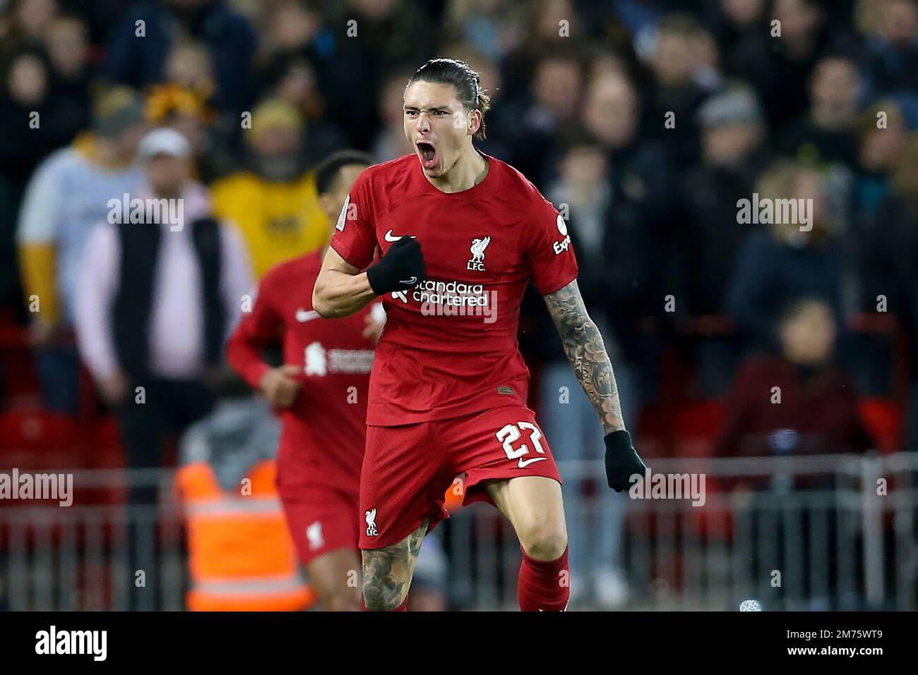Liverpool, UK. 07th Jan, 2023. Darwin Nunez of Liverpool celebrates ...