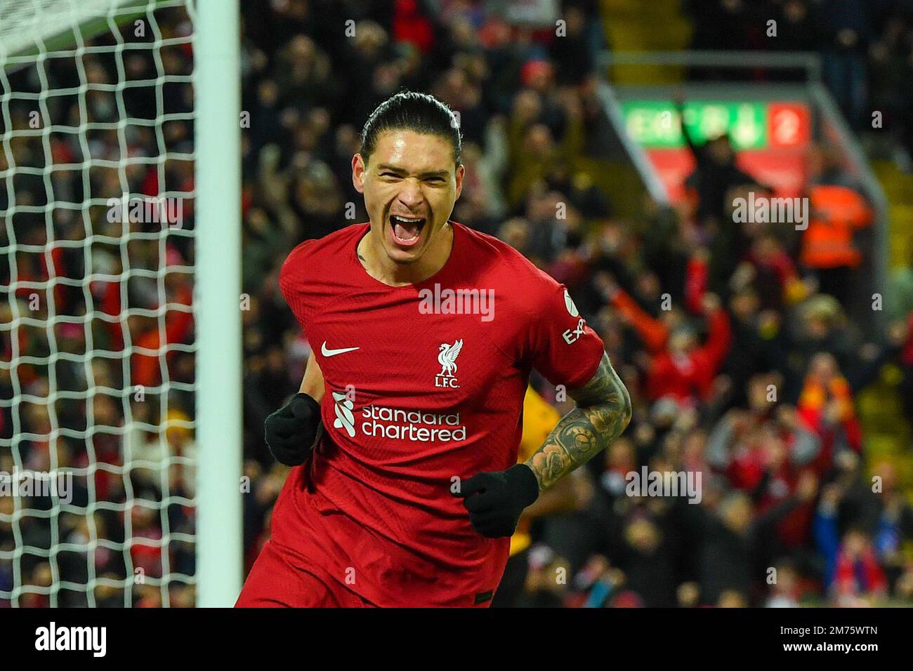 Liverpool, UK. 7th Jan, 2023. Darwin Nunez of Liverpool scores the ...