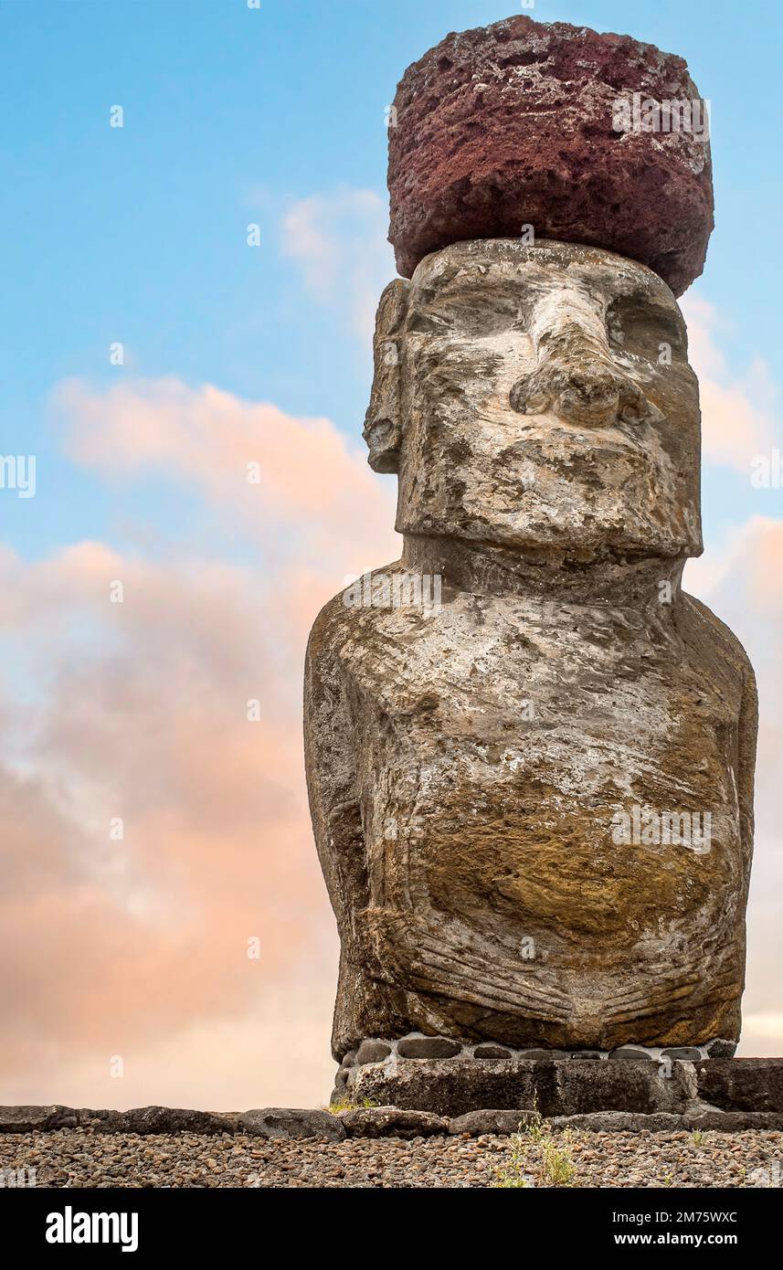 Moai sculpture at Ahu Tongariki on Easter Island, Chile at dusk Stock ...