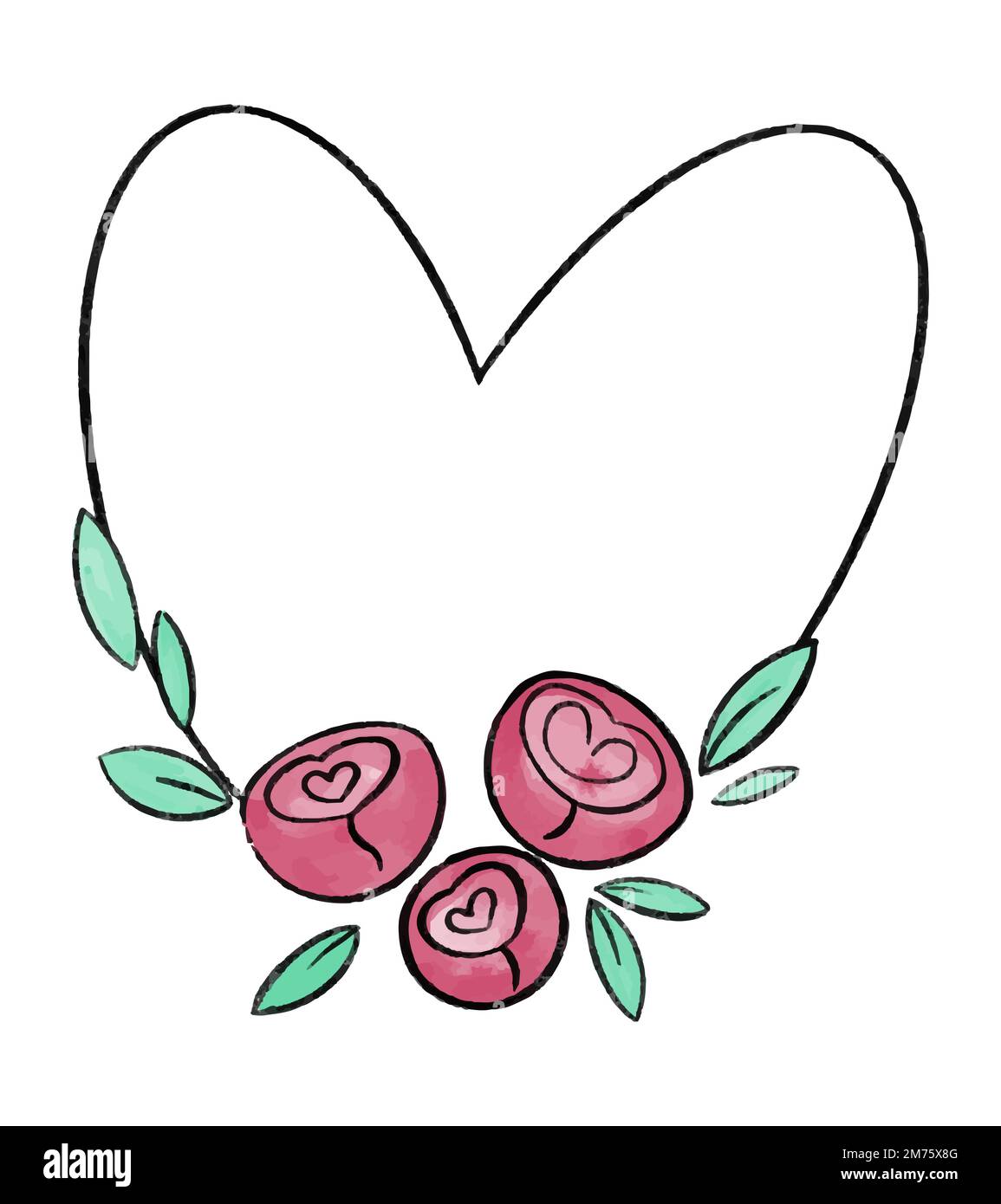 Heart shaped vector frame decorated with roses and peonies hand drawn ...