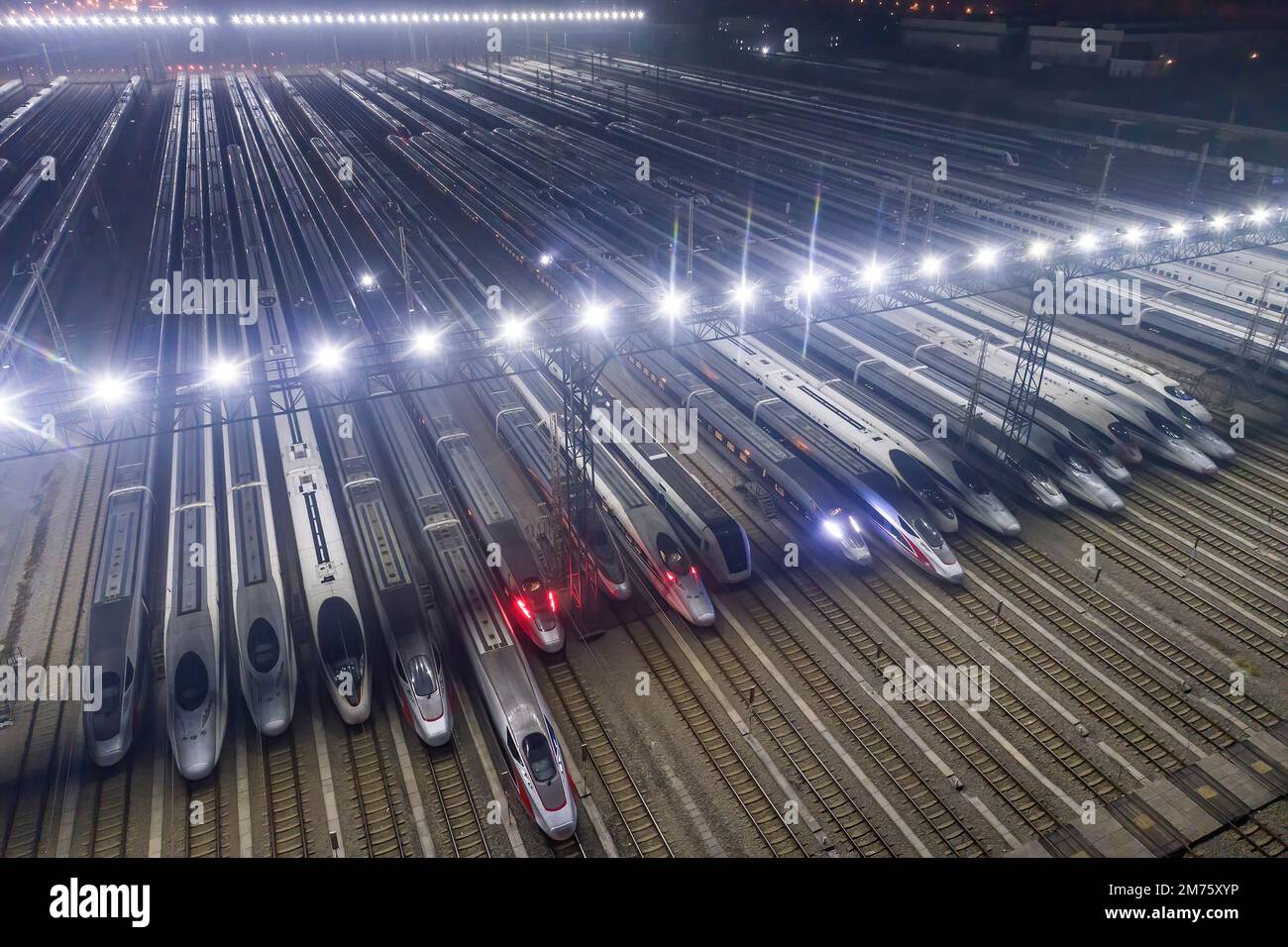 Wuhan, Hubei, China. 7th Jan, 2023. Aerial view of bullet trains lined ...