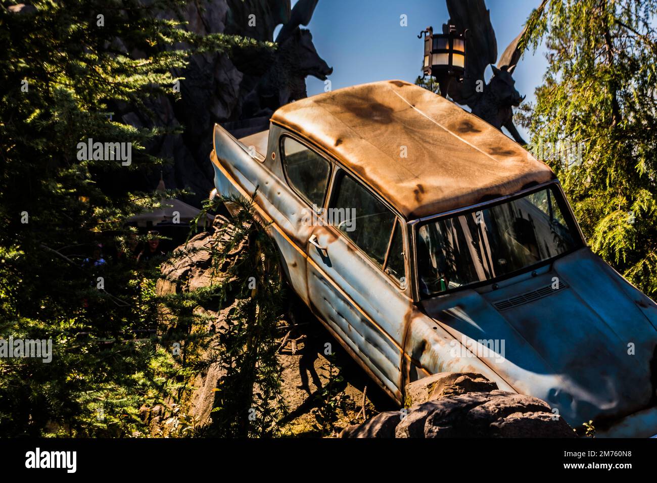 vintage car crashed into a tree about to fall to the ground Stock Photo ...